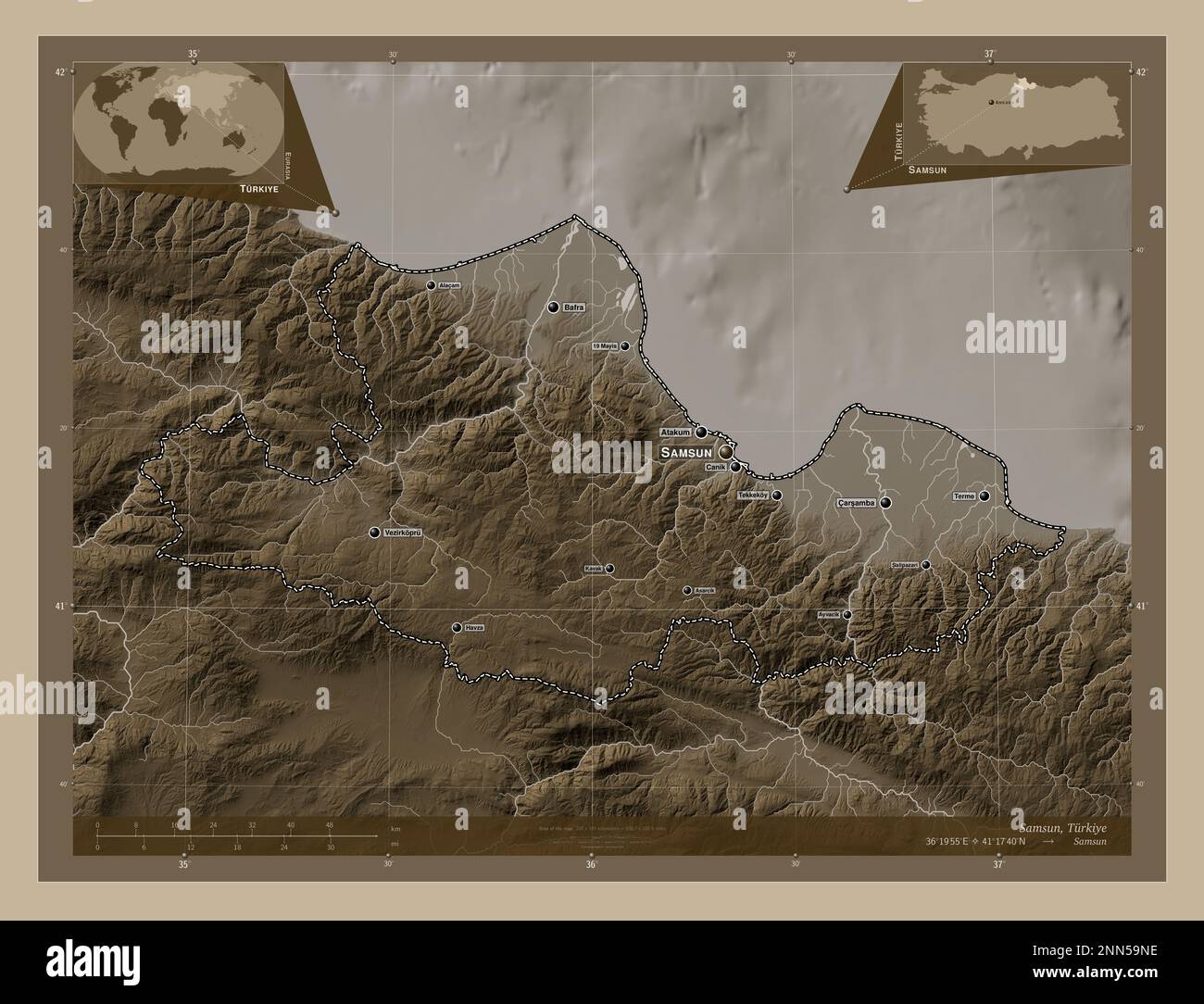 Samsun, province of Turkiye. Elevation map colored in sepia tones with ...