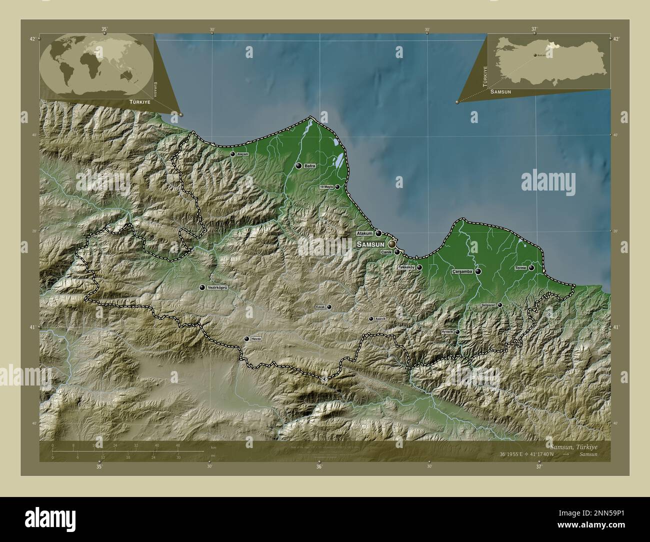Samsun, province of Turkiye. Elevation map colored in wiki style with ...
