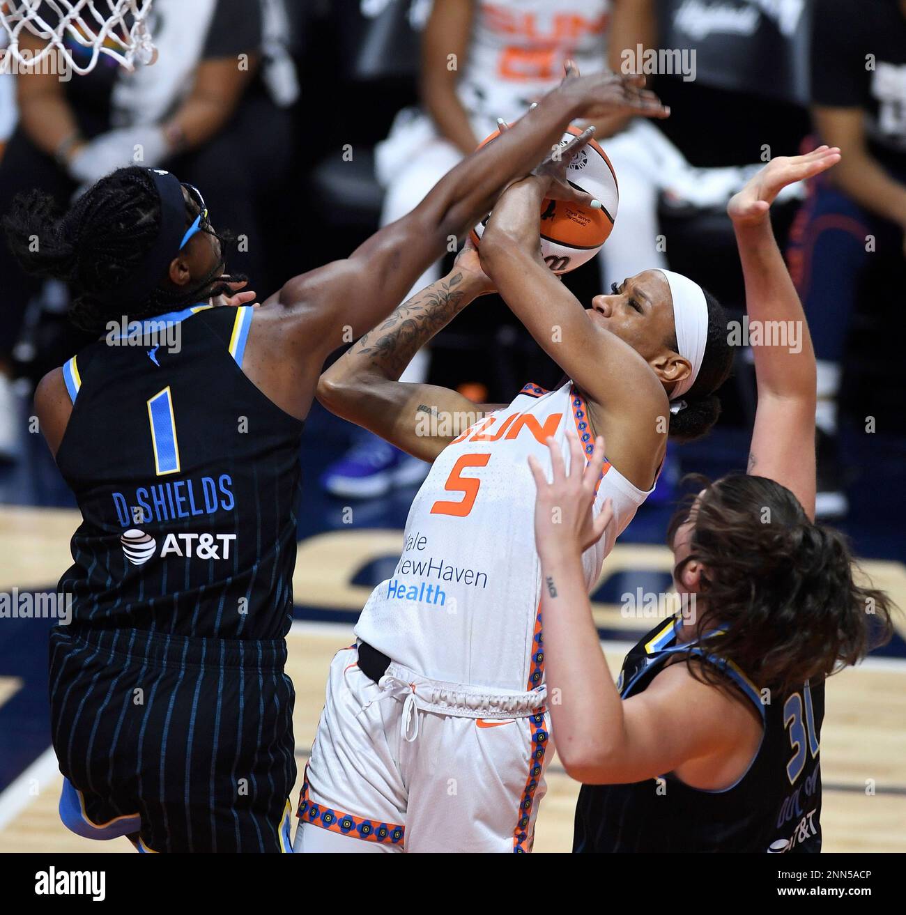 Chicago Sky guard Diamond DeShields fouls Connecticut Sun guard Jasmine ...