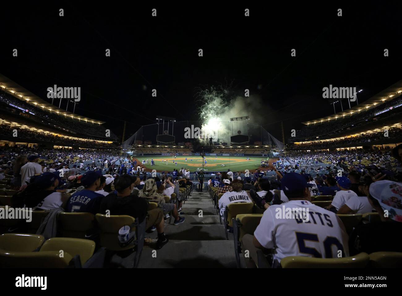 LOS ANGELES, CA - JUNE 25: Dodger fans watch the fireworks show after ...