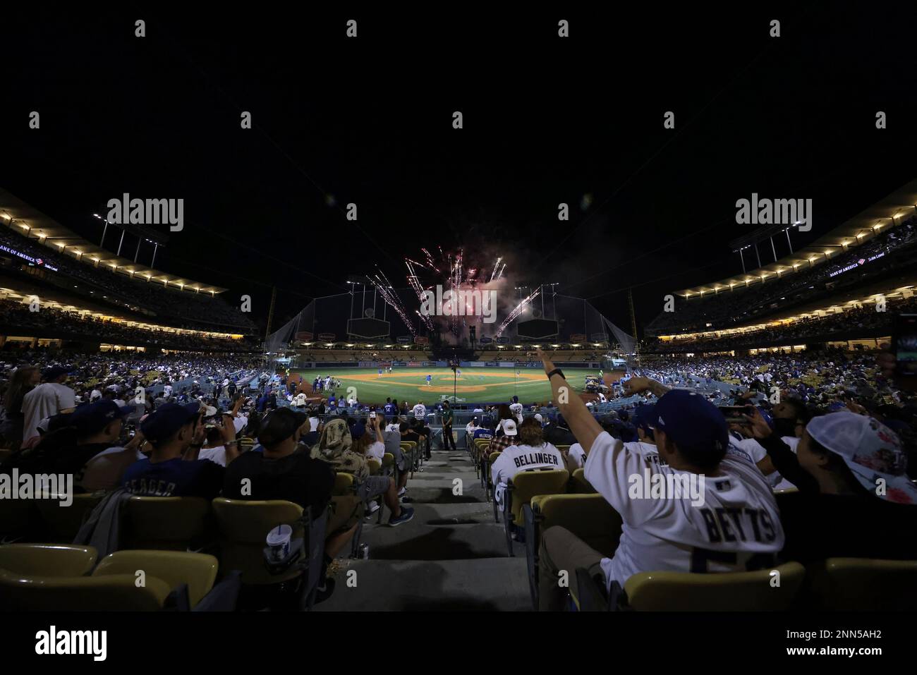 LOS ANGELES, CA - JUNE 25: Dodger fans watch the fireworks show after ...