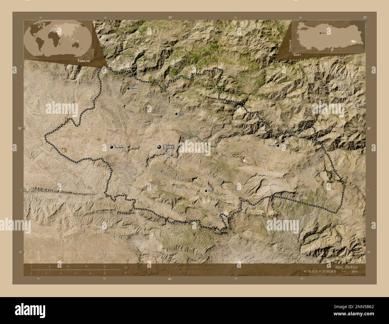 Siirt, province of Turkiye. Low resolution satellite map. Locations and ...