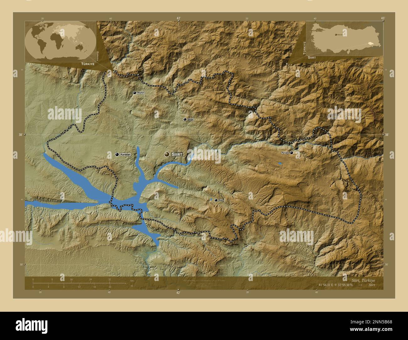 Siirt, province of Turkiye. Colored elevation map with lakes and rivers ...