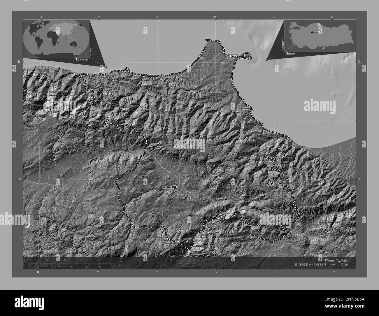 Sinop, province of Turkiye. Bilevel elevation map with lakes and rivers ...