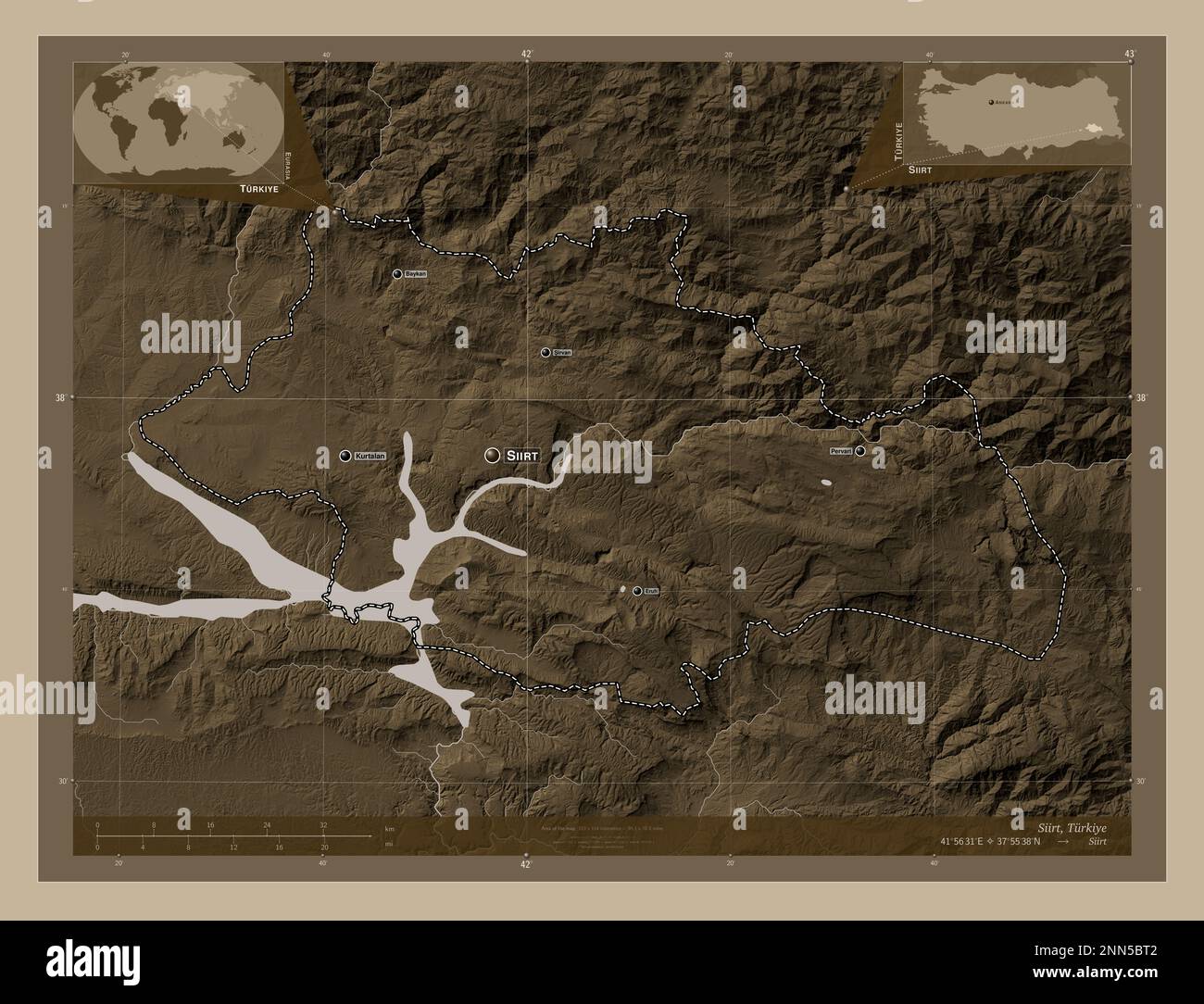 Siirt, province of Turkiye. Elevation map colored in sepia tones with ...