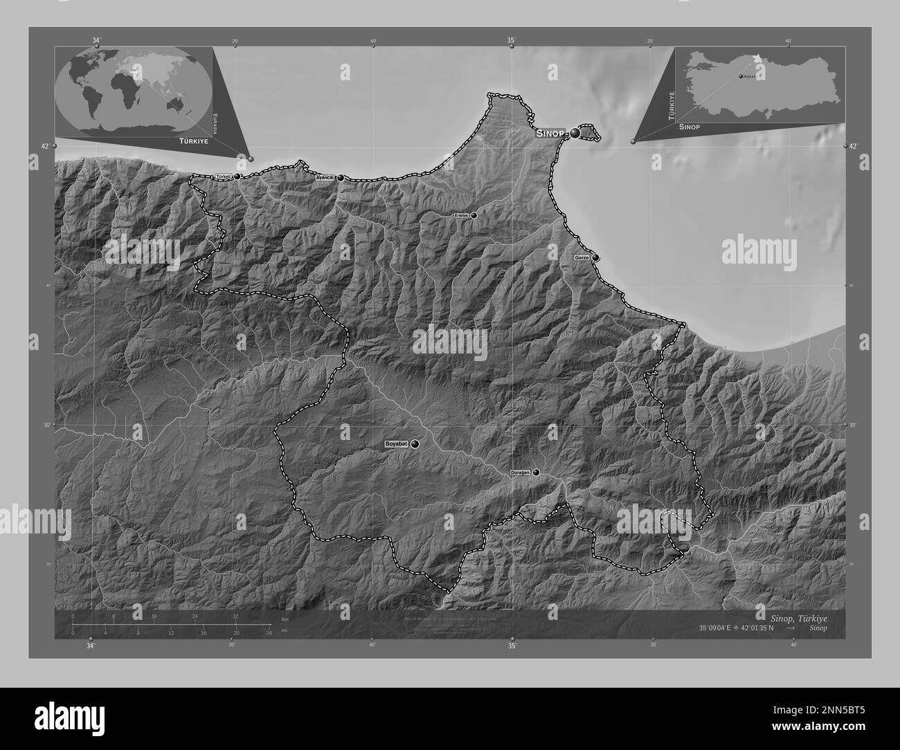 Sinop, province of Turkiye. Grayscale elevation map with lakes and ...