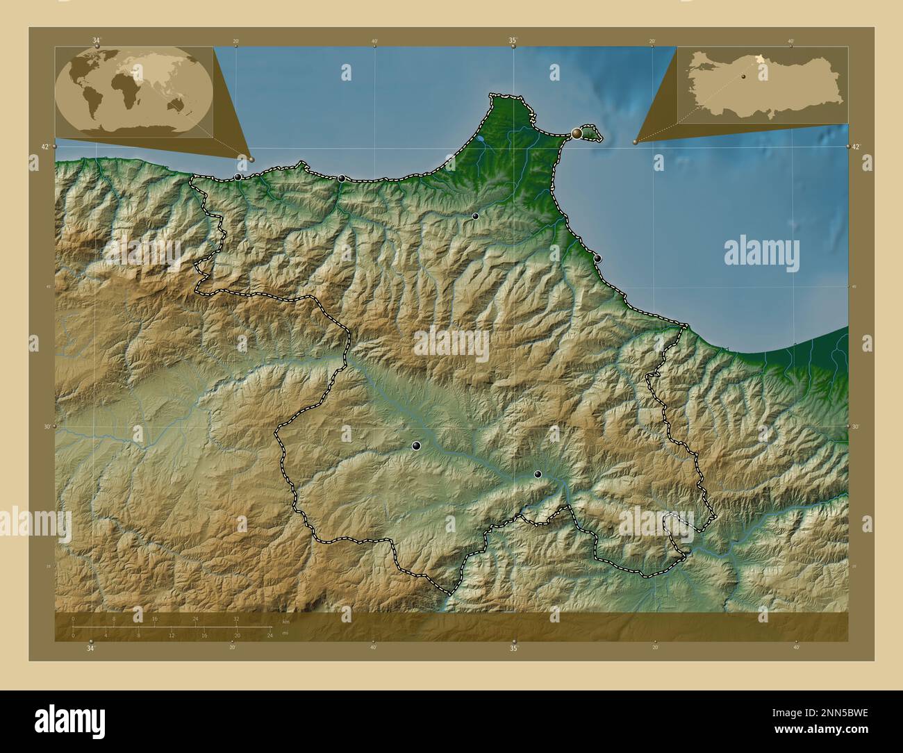 Sinop, province of Turkiye. Colored elevation map with lakes and rivers ...