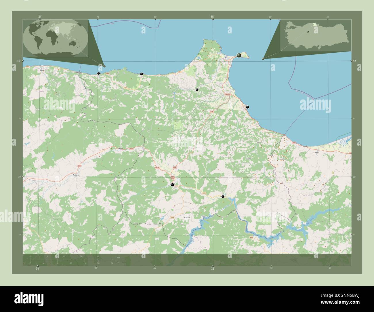 Sinop, province of Turkiye. Open Street Map. Locations of major cities ...