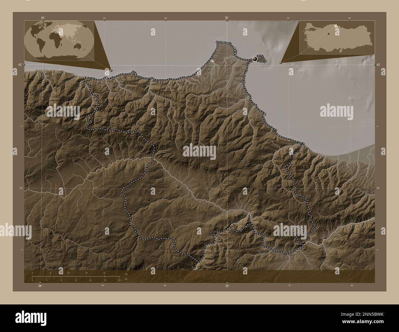 Sinop, province of Turkiye. Elevation map colored in sepia tones with ...