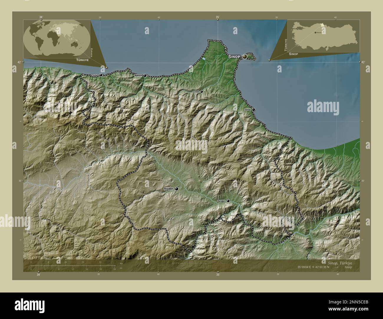 Sinop, province of Turkiye. Elevation map colored in wiki style with lakes and rivers. Locations ...