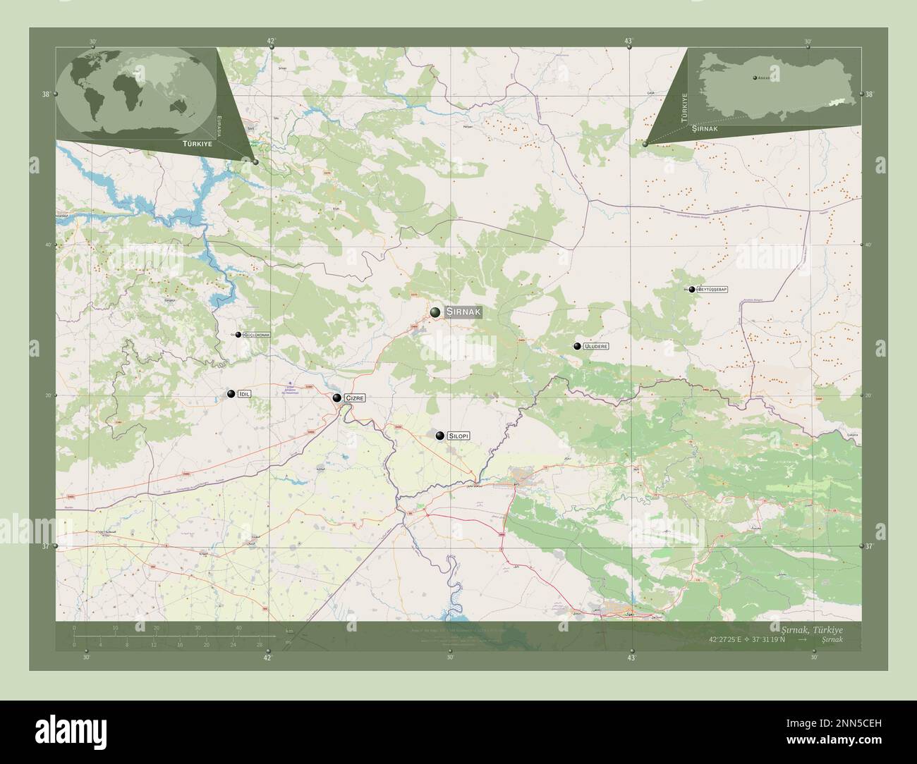 Srnak, province of Turkiye. Open Street Map. Locations and names of ...
