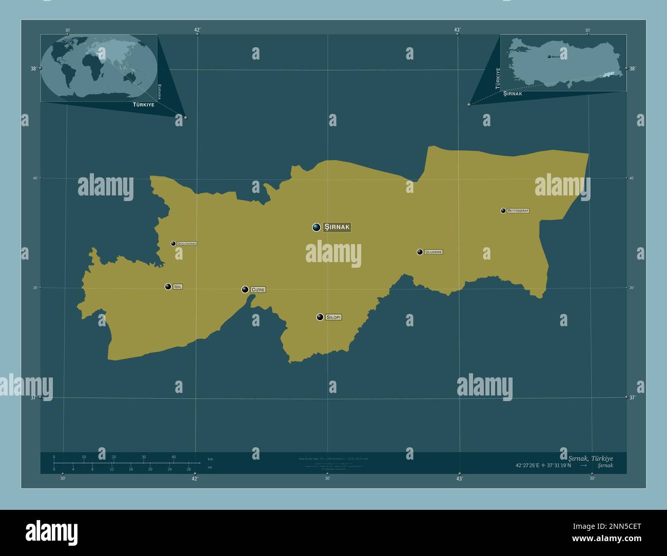Srnak, province of Turkiye. Solid color shape. Locations and names of ...