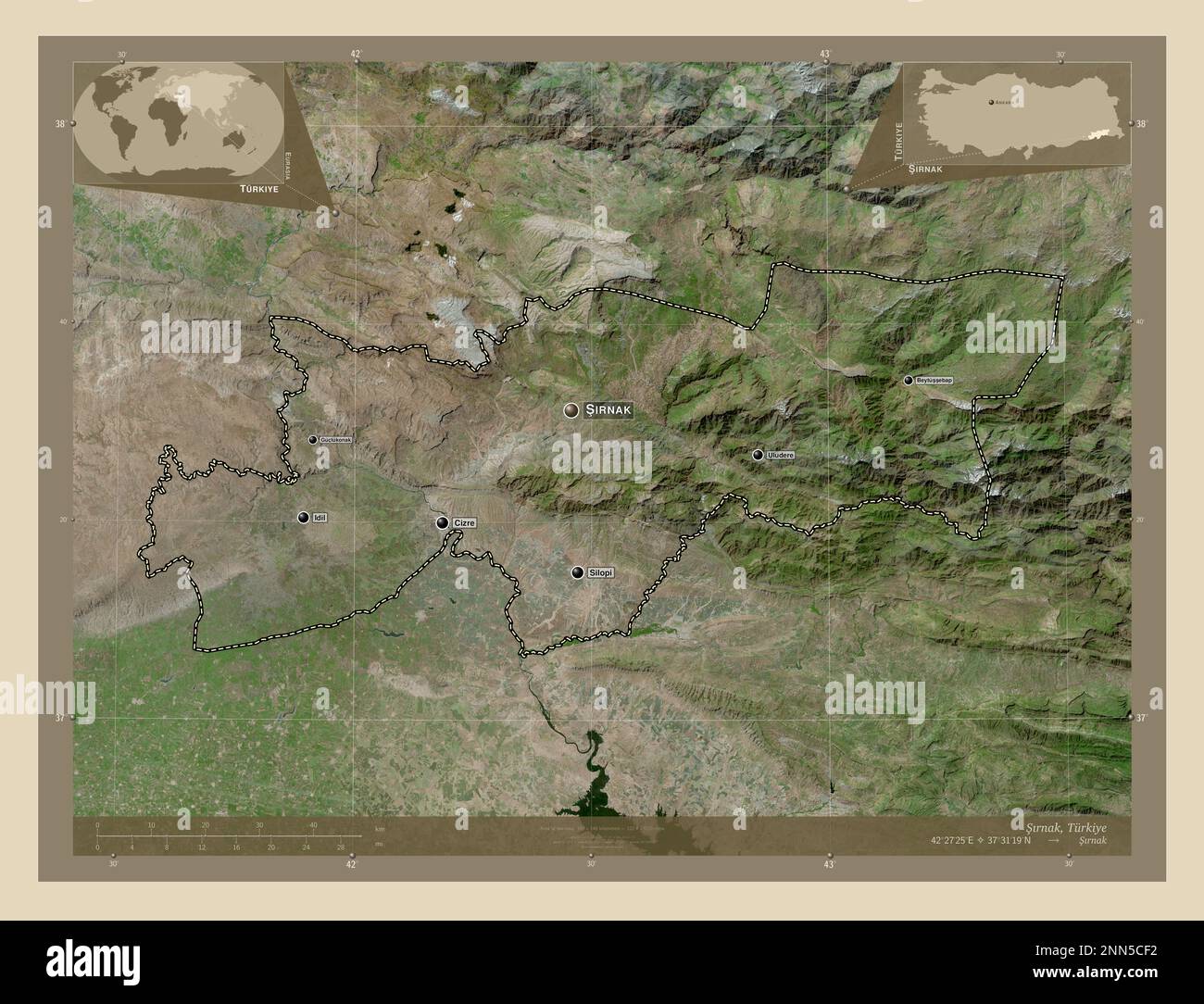 Srnak, province of Turkiye. High resolution satellite map. Locations ...