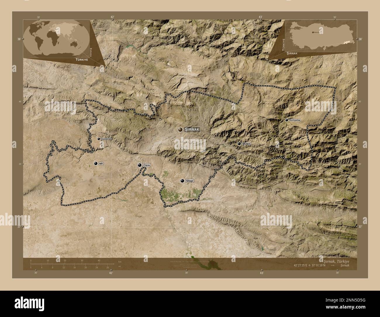 Srnak, province of Turkiye. Low resolution satellite map. Locations and ...
