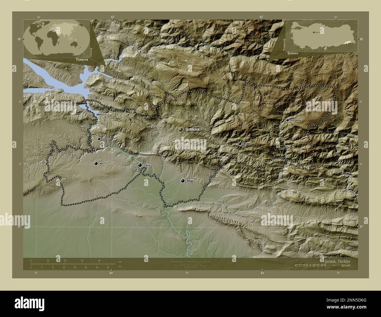 Srnak, province of Turkiye. Elevation map colored in wiki style with ...