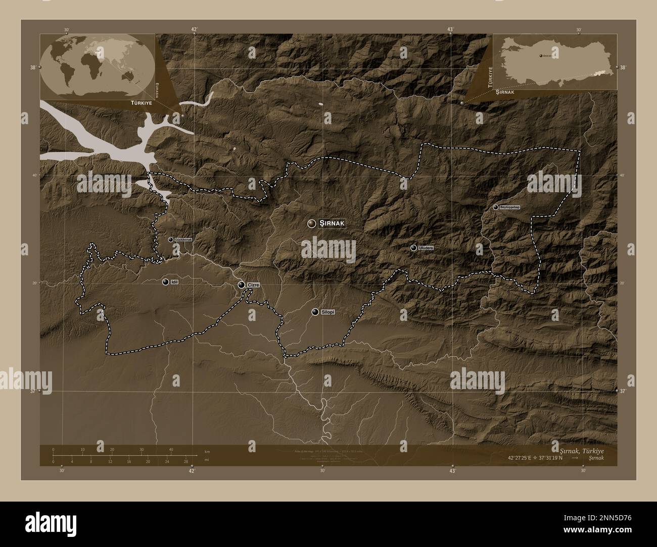 Srnak, province of Turkiye. Elevation map colored in sepia tones with ...