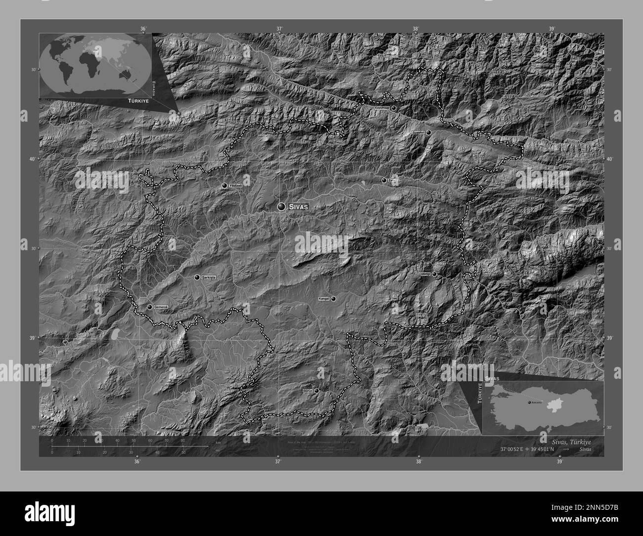 Sivas, province of Turkiye. Bilevel elevation map with lakes and rivers ...