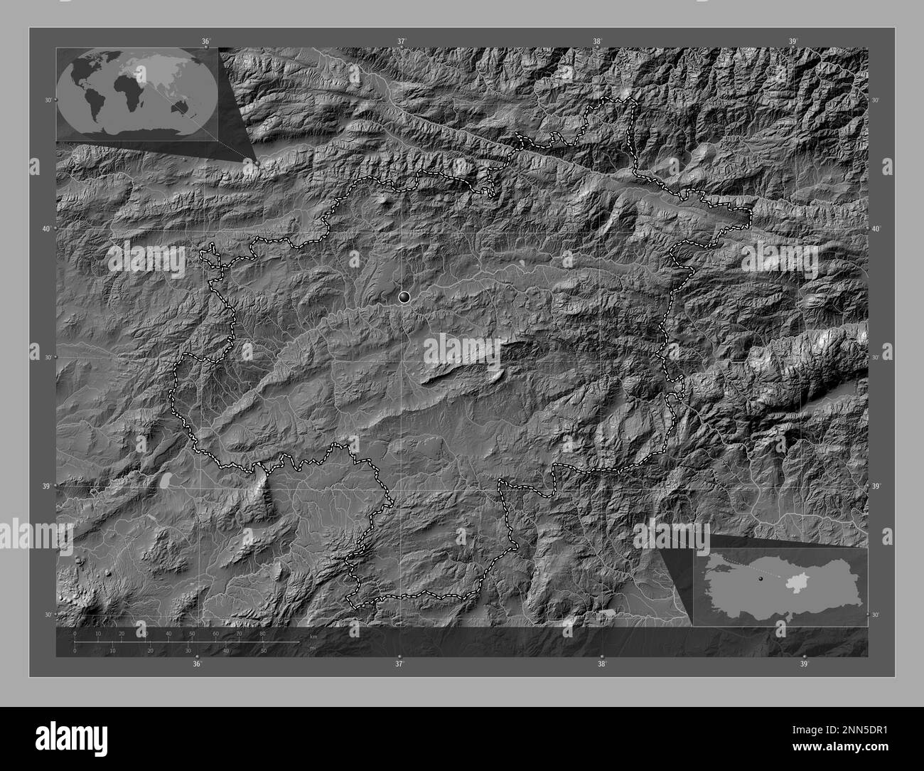 Sivas, province of Turkiye. Bilevel elevation map with lakes and rivers ...