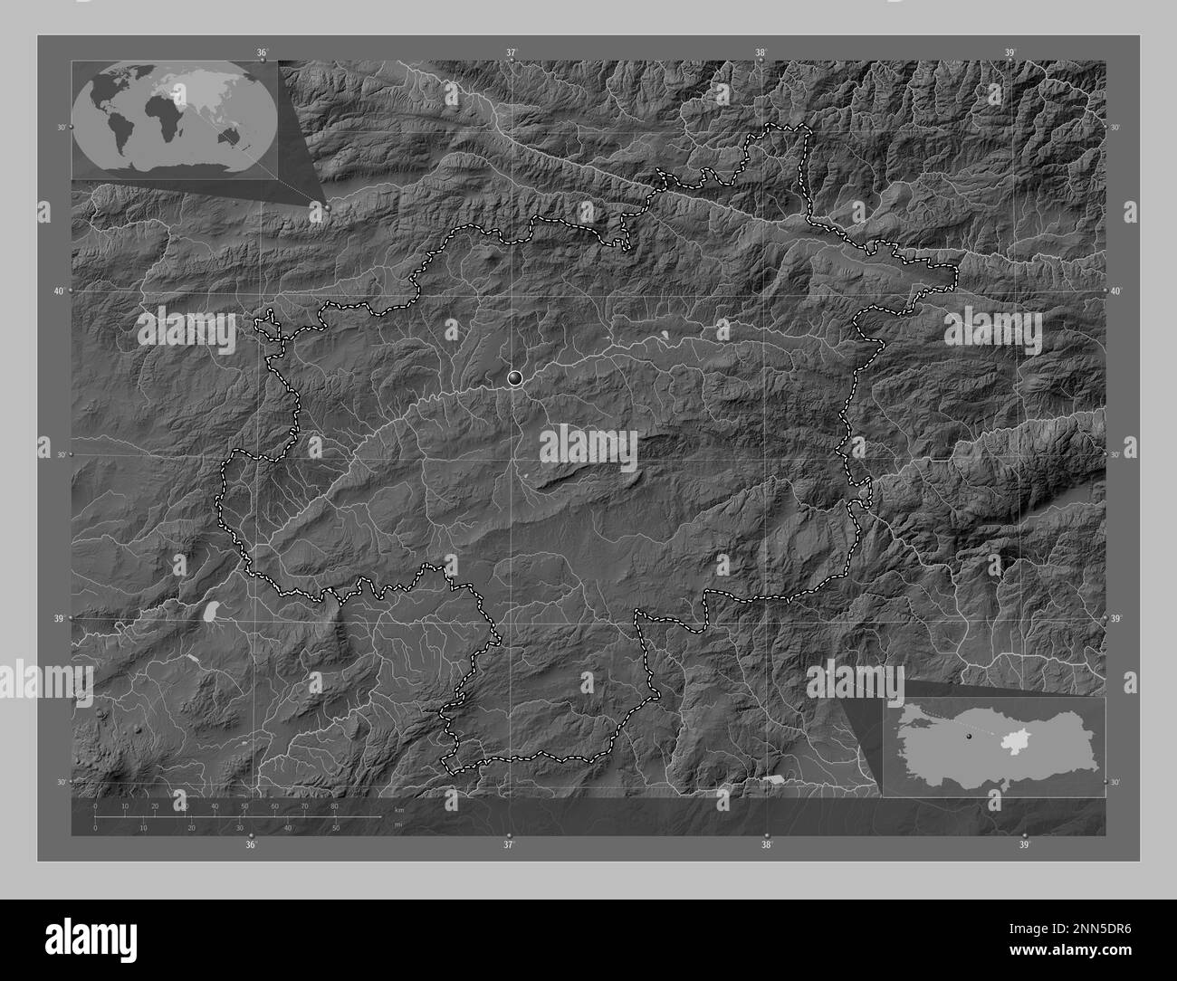 Sivas, province of Turkiye. Grayscale elevation map with lakes and ...