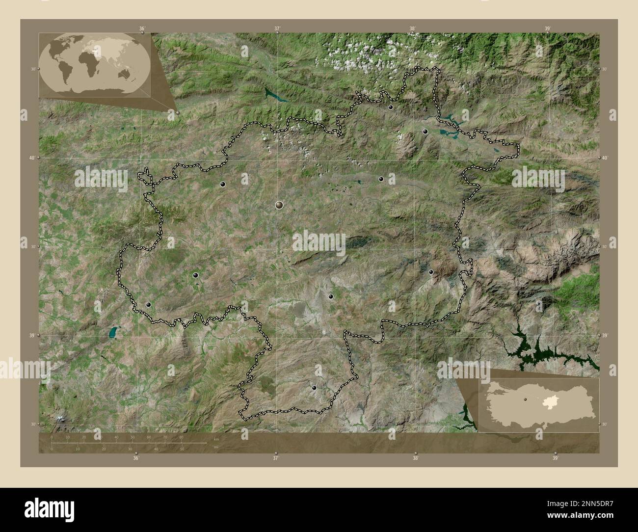 Sivas, province of Turkiye. High resolution satellite map. Locations of ...