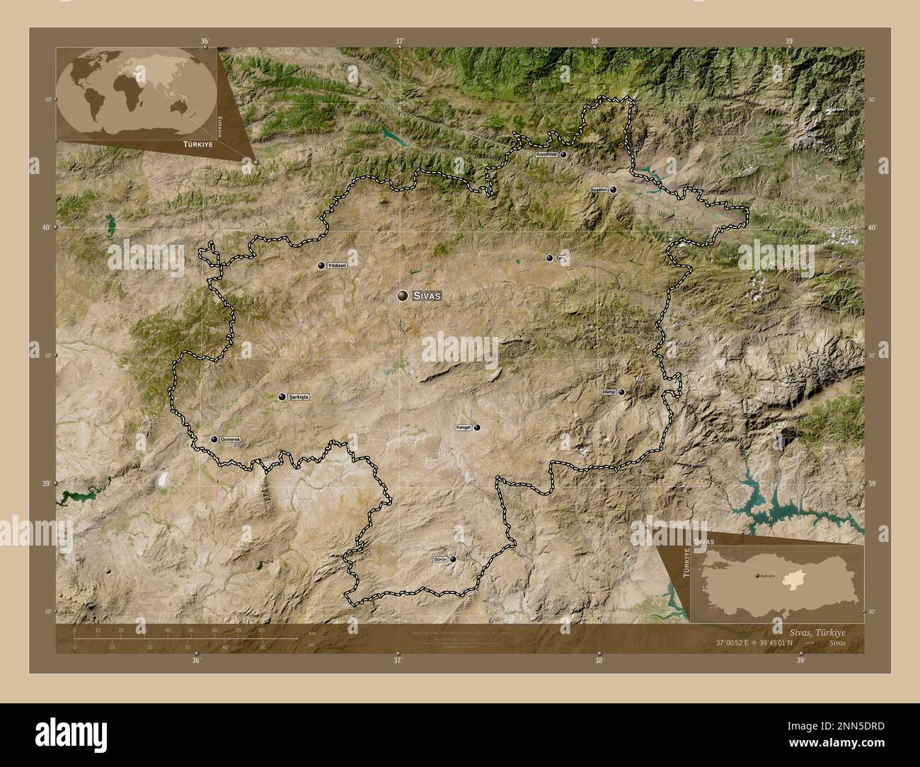 Sivas, province of Turkiye. Low resolution satellite map. Locations and ...