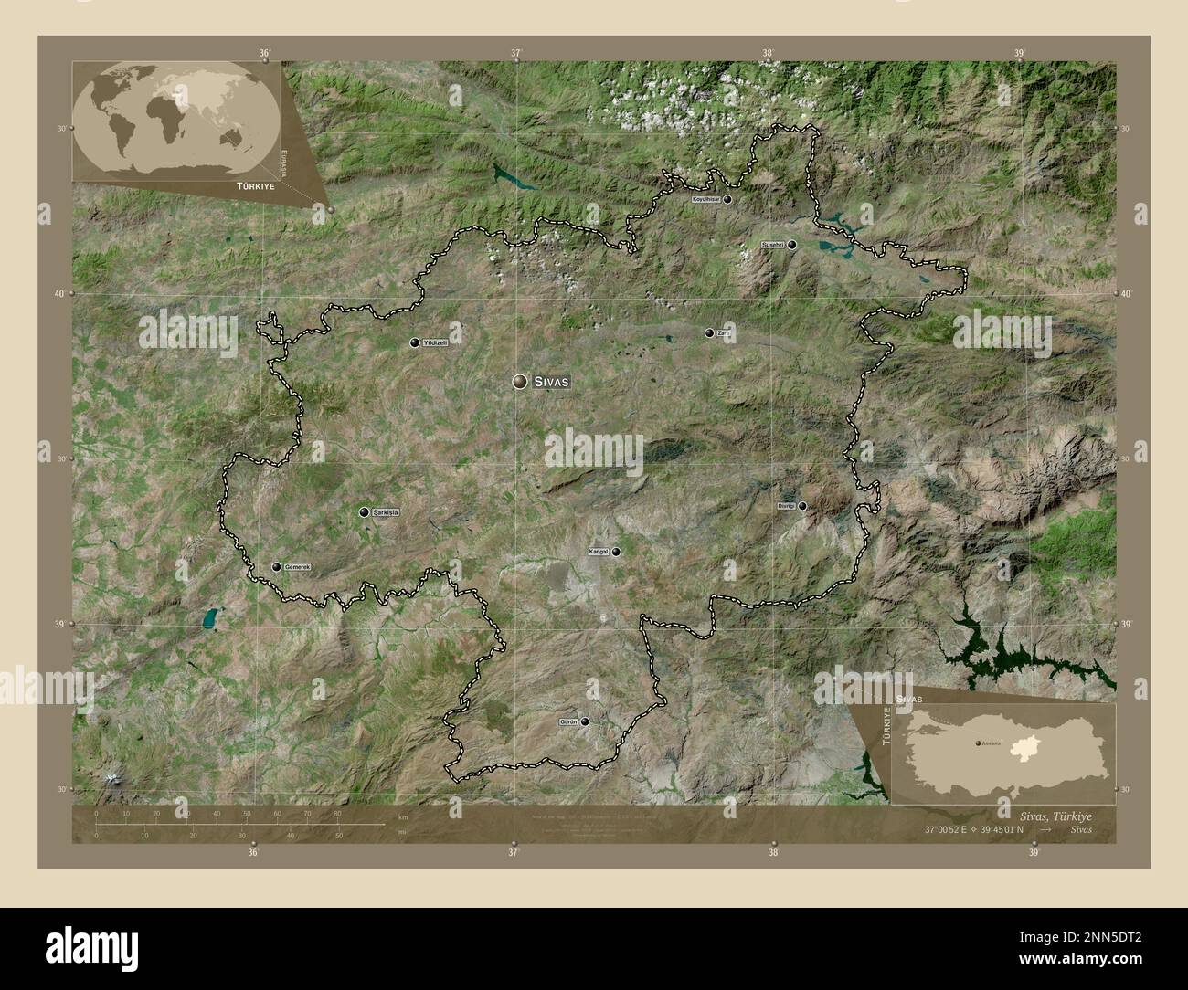 Sivas, province of Turkiye. High resolution satellite map. Locations ...