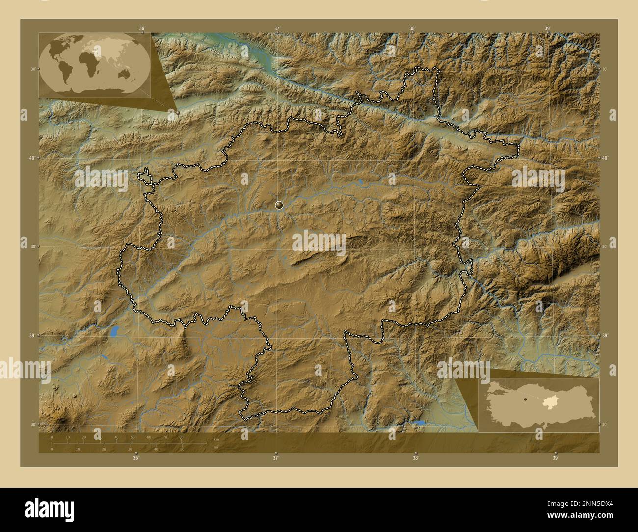 Sivas, province of Turkiye. Colored elevation map with lakes and rivers ...