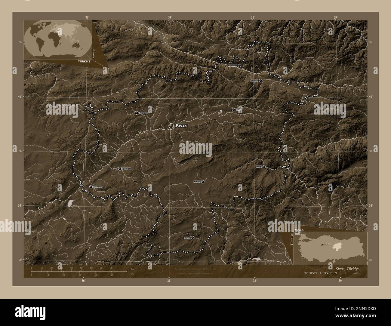 Sivas, province of Turkiye. Elevation map colored in sepia tones with ...