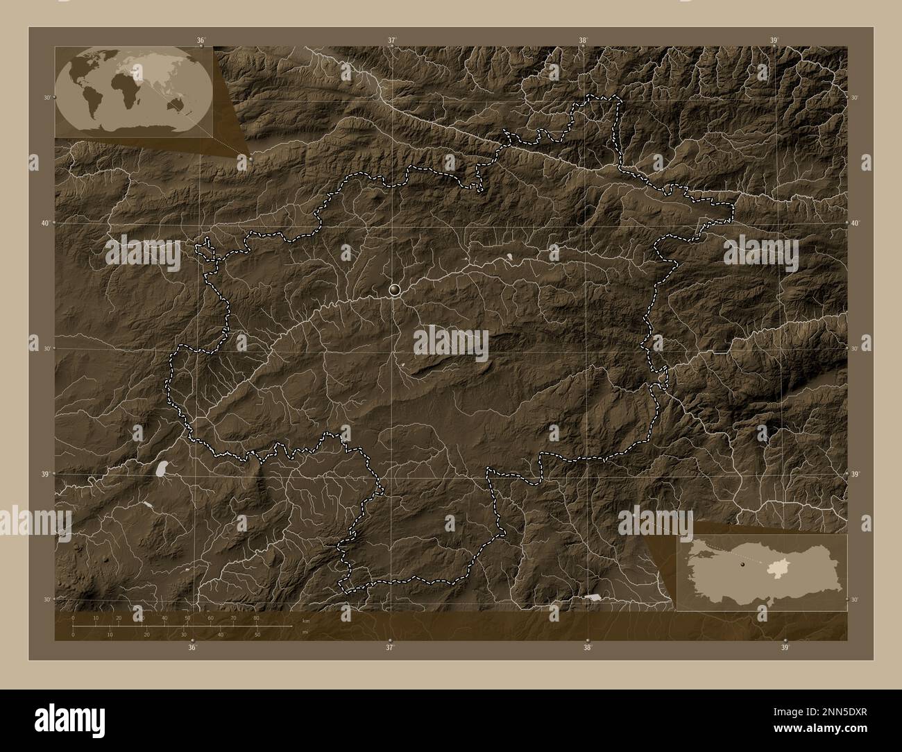 Sivas, province of Turkiye. Elevation map colored in sepia tones with ...