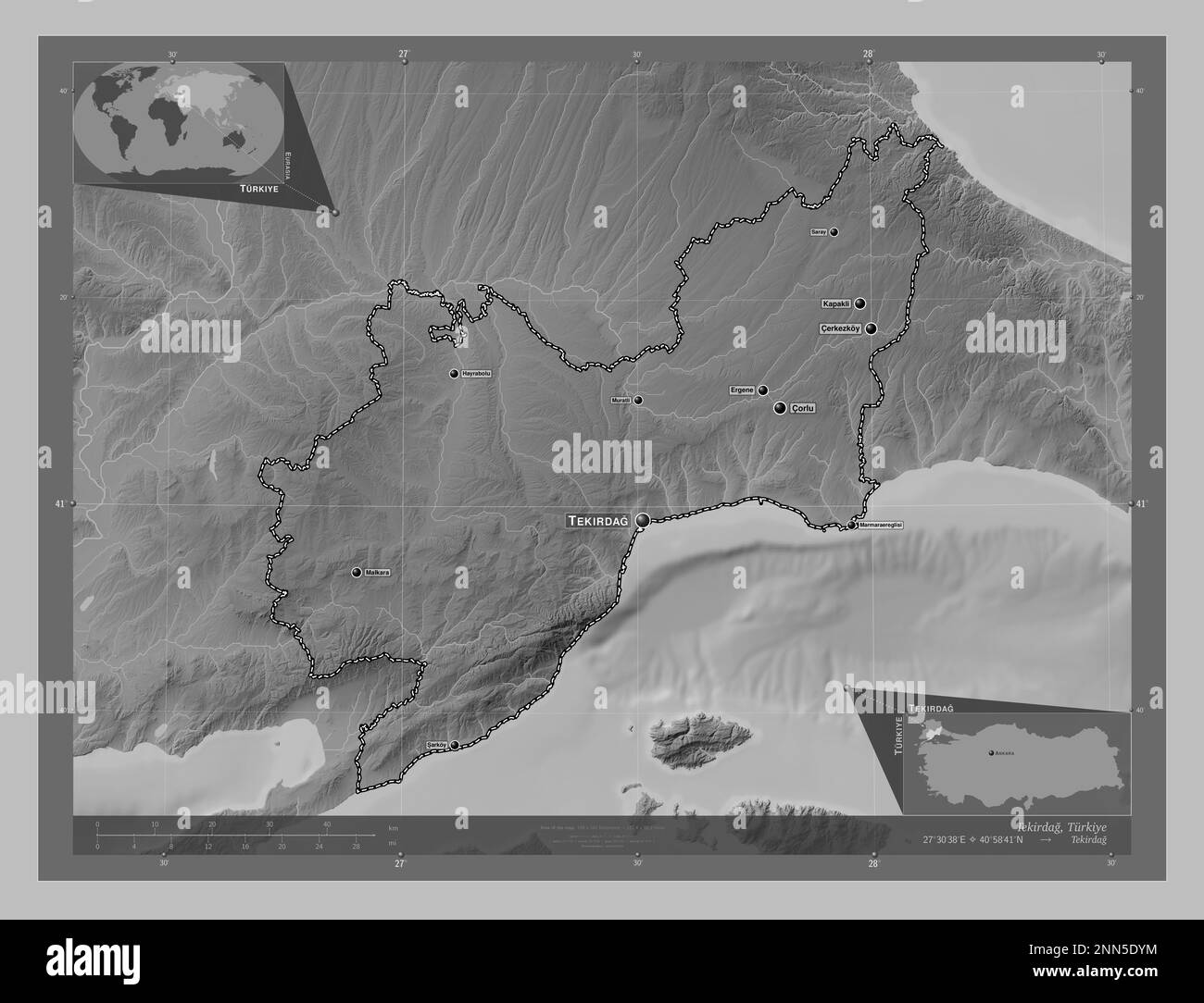 Tekirdag, province of Turkiye. Grayscale elevation map with lakes and ...