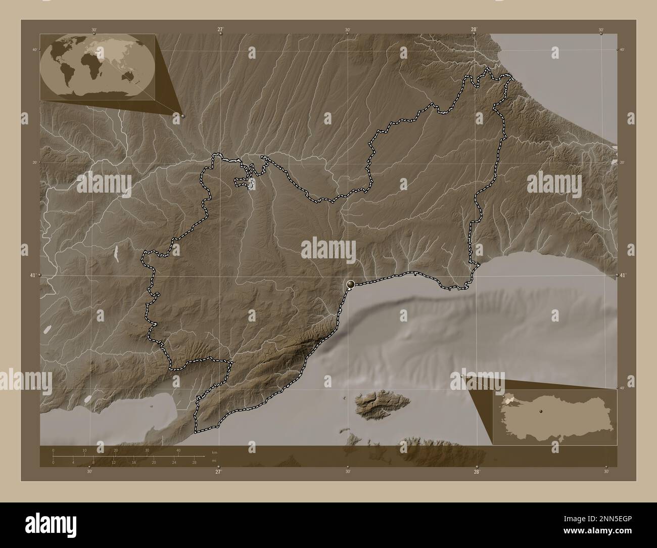 Tekirdag, province of Turkiye. Elevation map colored in sepia tones ...