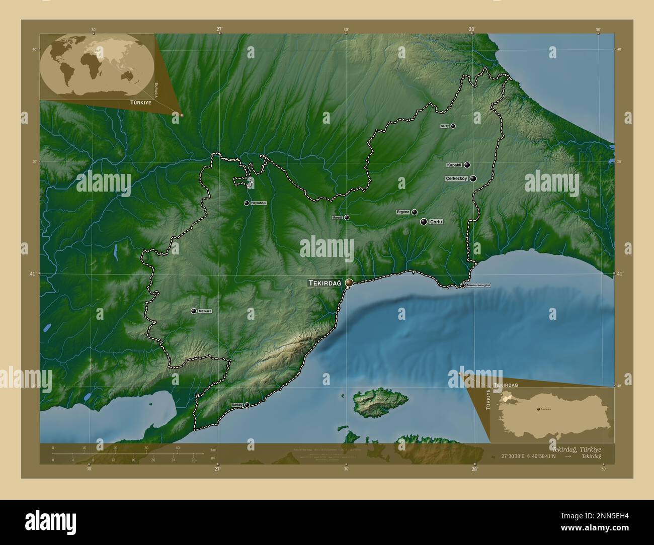 Tekirdag, province of Turkiye. Colored elevation map with lakes and ...