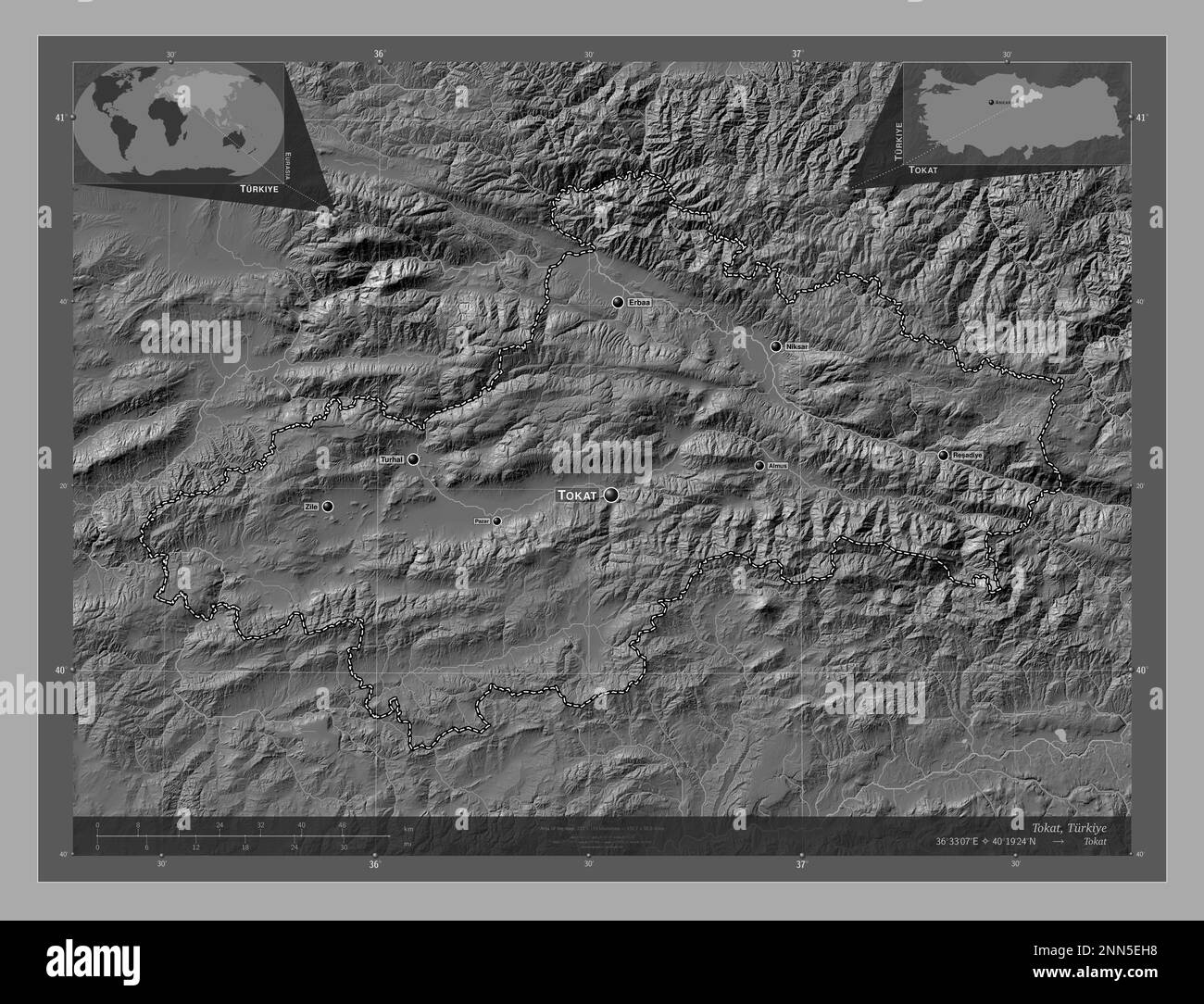 Tokat, province of Turkiye. Bilevel elevation map with lakes and rivers ...