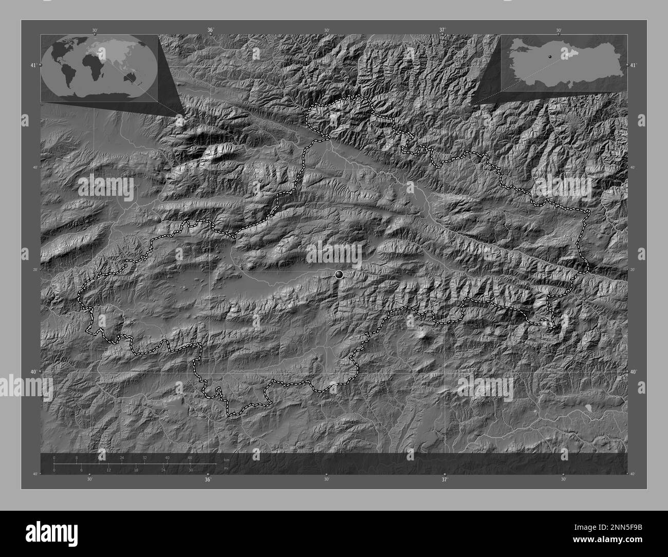 Tokat, province of Turkiye. Bilevel elevation map with lakes and rivers ...