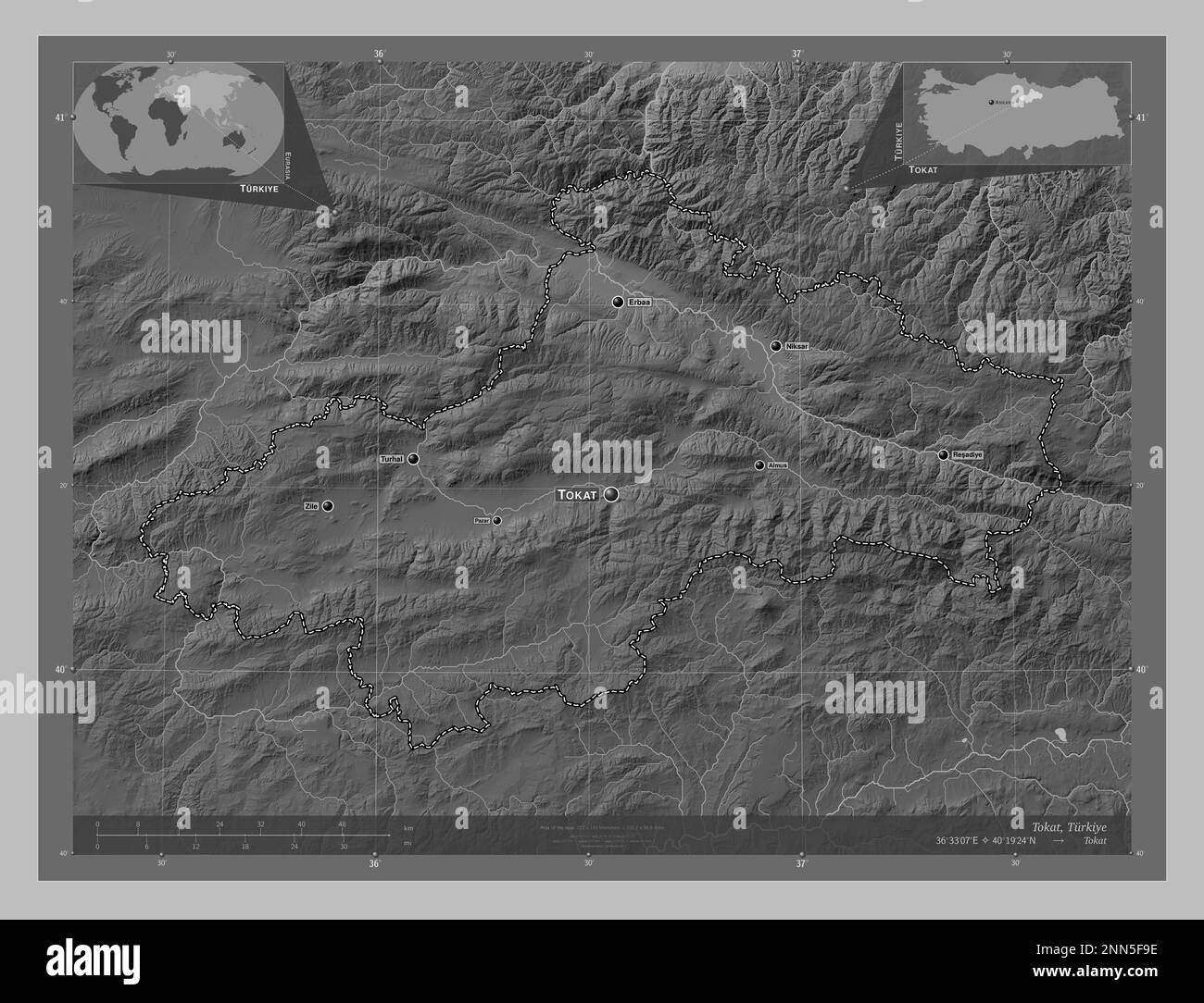 Tokat, province of Turkiye. Grayscale elevation map with lakes and ...