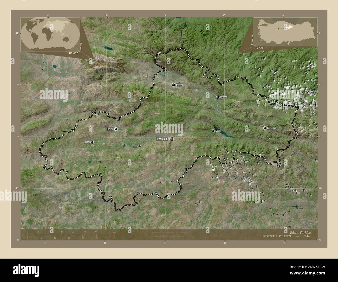 Tokat, province of Turkiye. High resolution satellite map. Locations ...