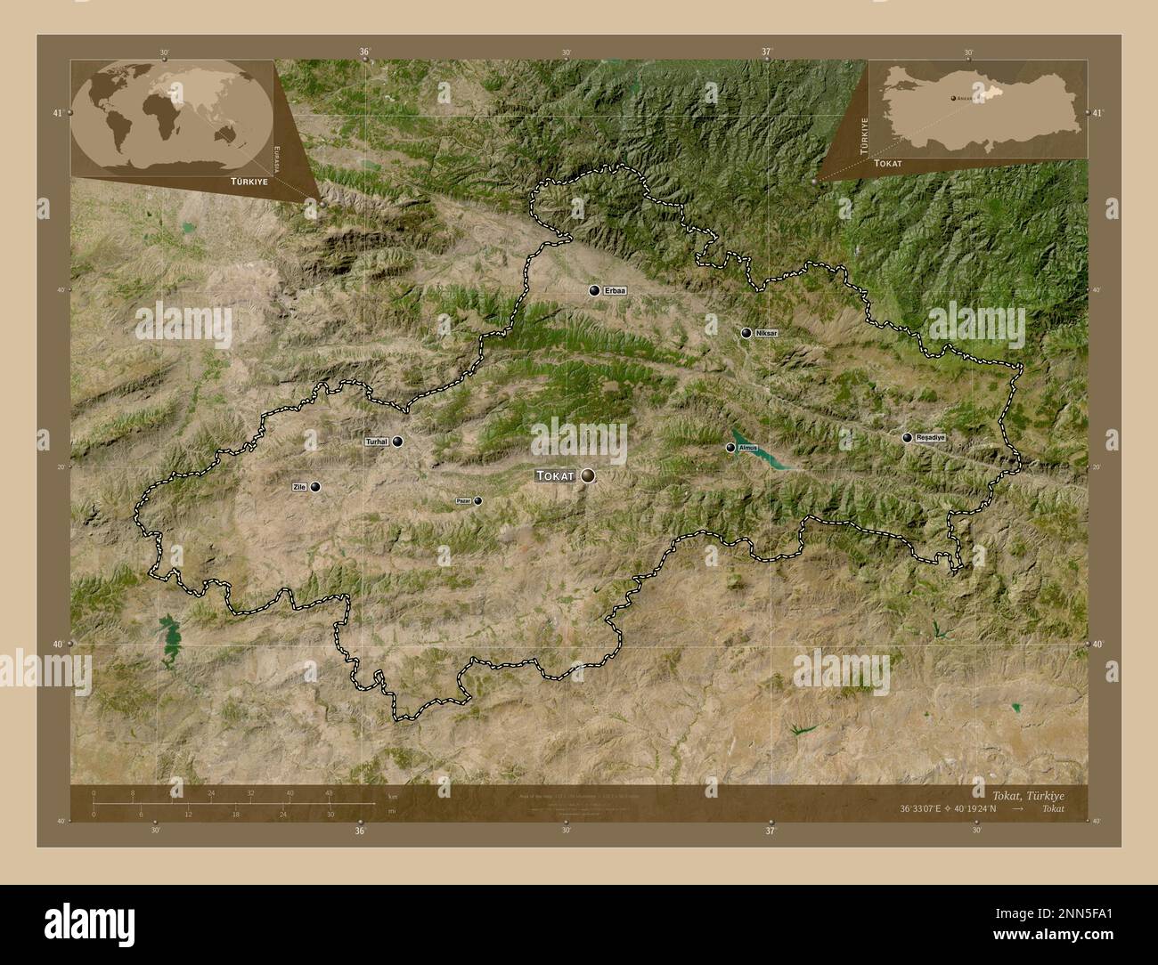 Tokat, province of Turkiye. Low resolution satellite map. Locations and ...