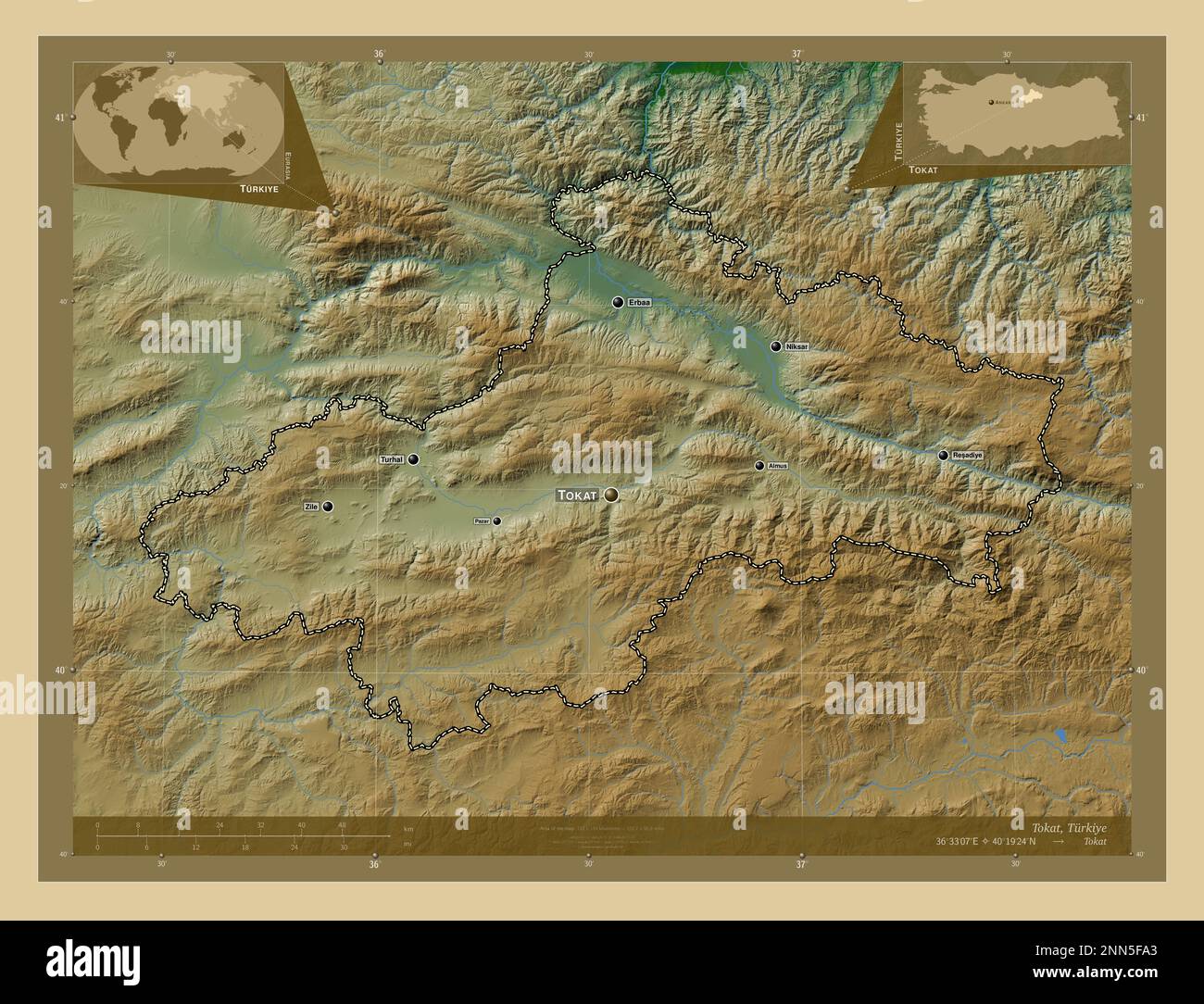 Tokat, province of Turkiye. Colored elevation map with lakes and rivers ...