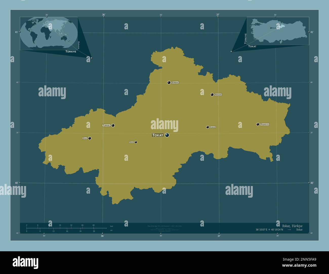 Tokat, province of Turkiye. Solid color shape. Locations and names of ...