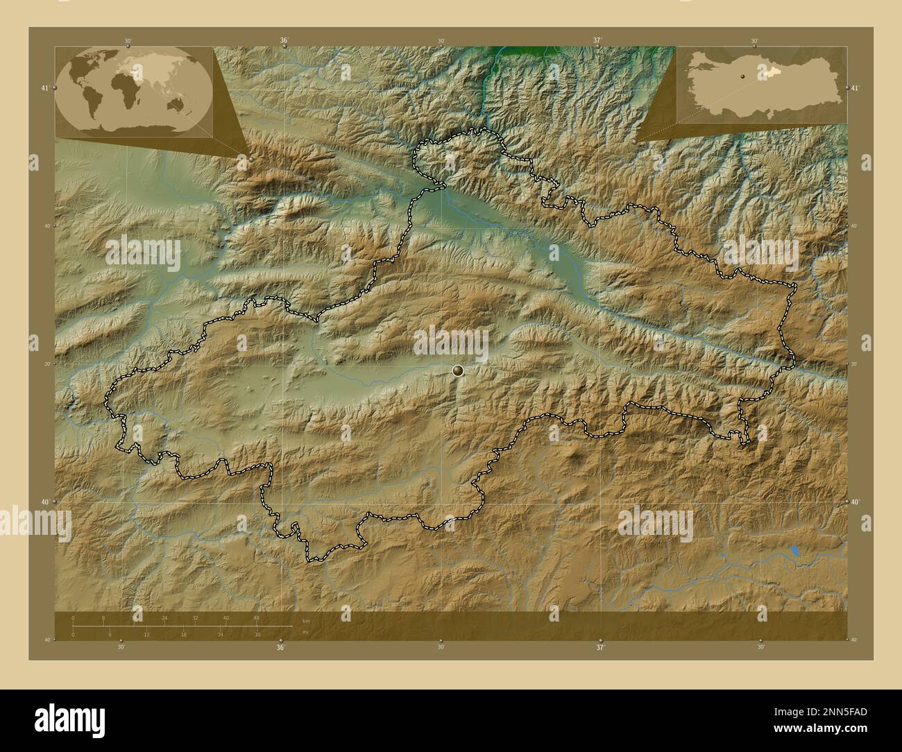 Tokat, province of Turkiye. Colored elevation map with lakes and rivers ...