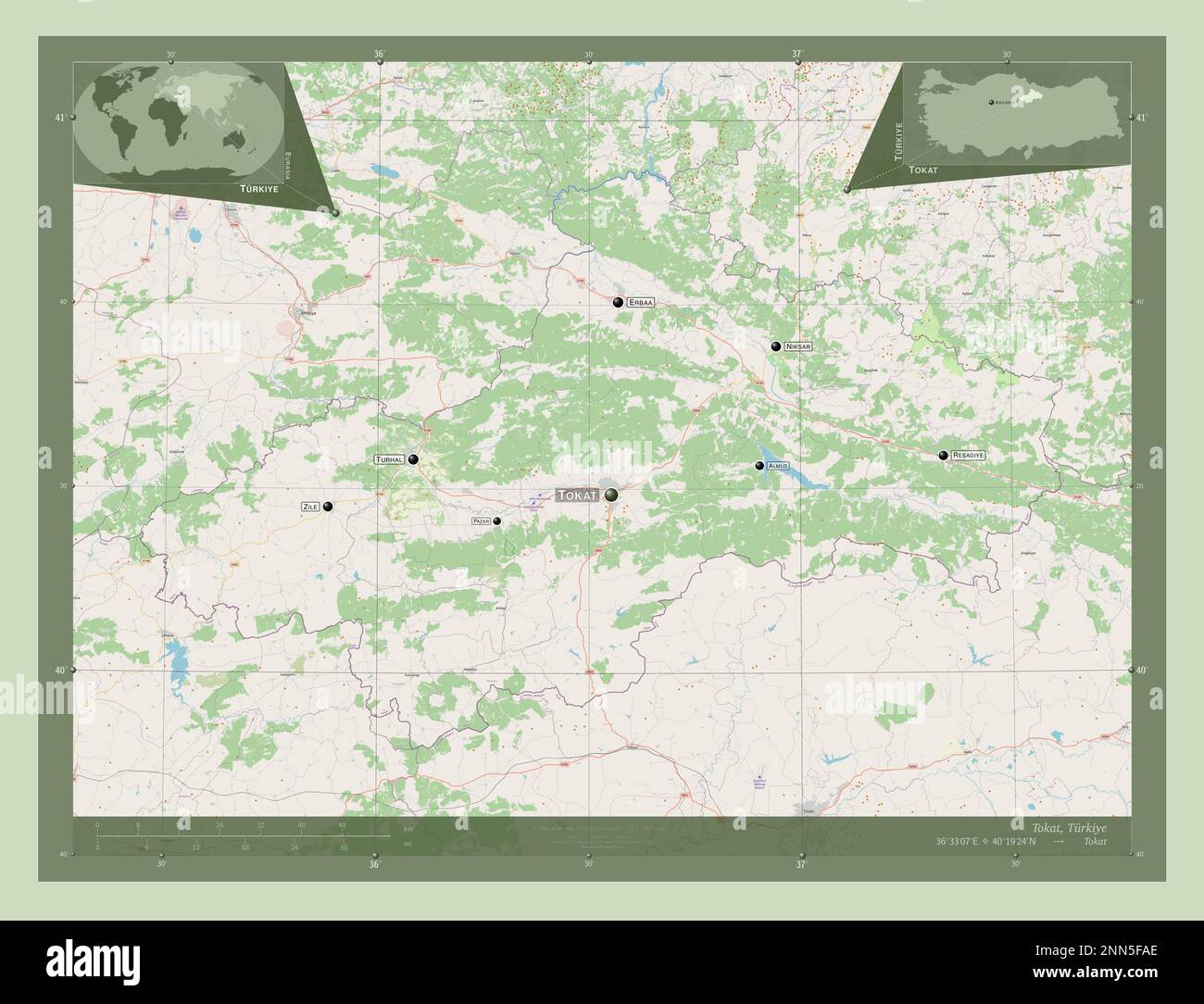 Tokat, province of Turkiye. Open Street Map. Locations and names of ...