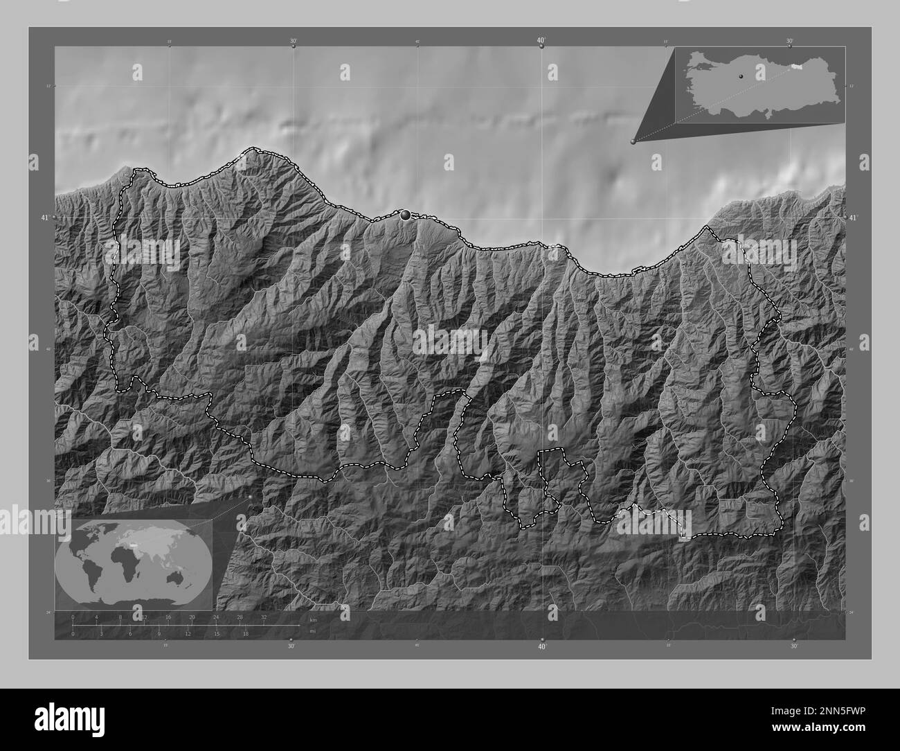 Trabzon, province of Turkiye. Grayscale elevation map with lakes and ...