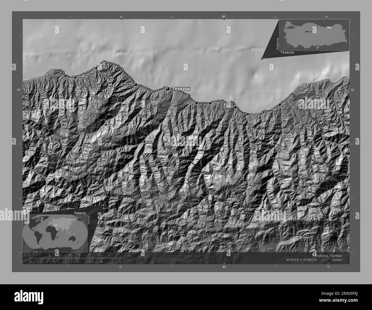 Trabzon, province of Turkiye. Bilevel elevation map with lakes and ...