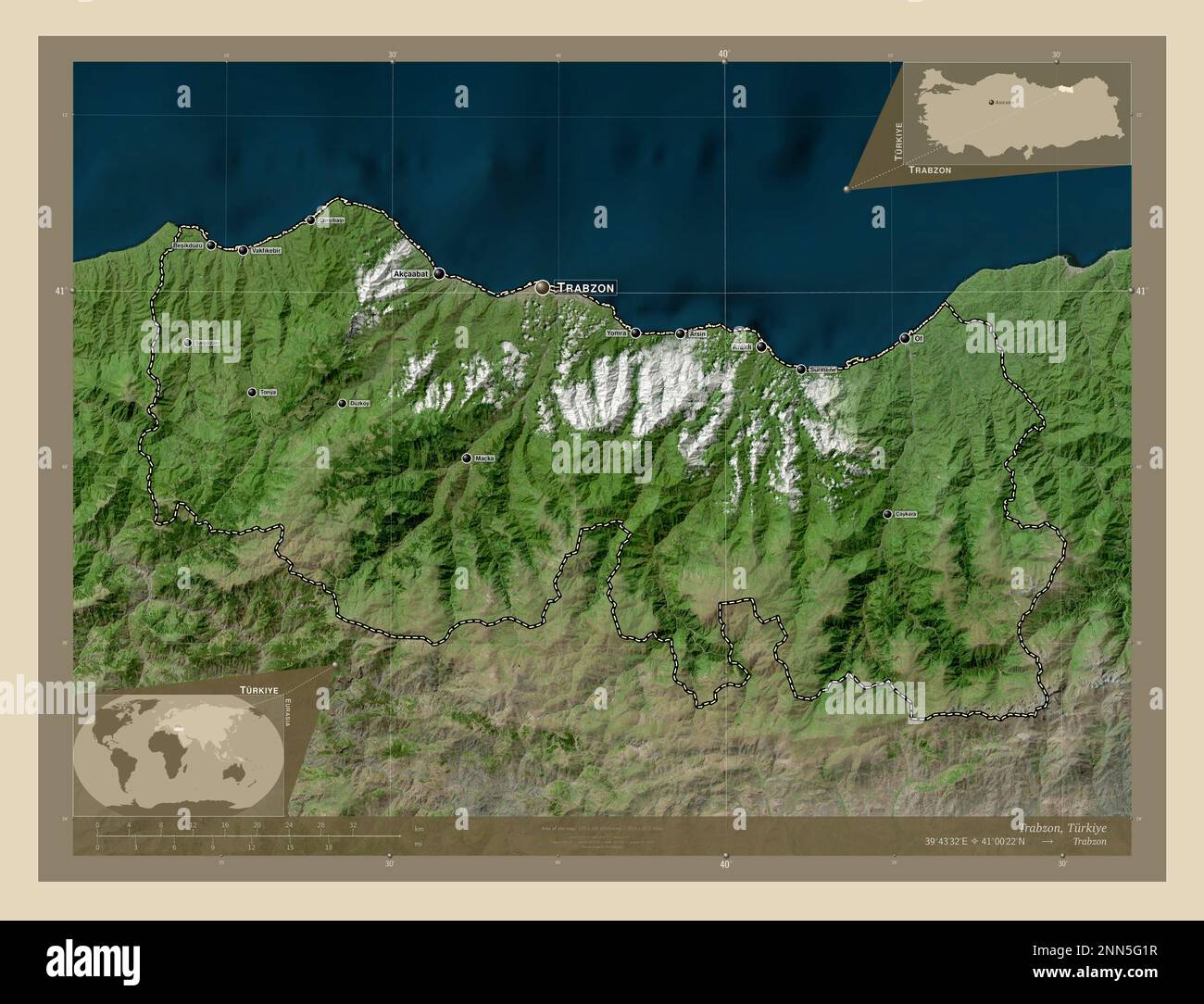 Trabzon, province of Turkiye. High resolution satellite map. Locations ...