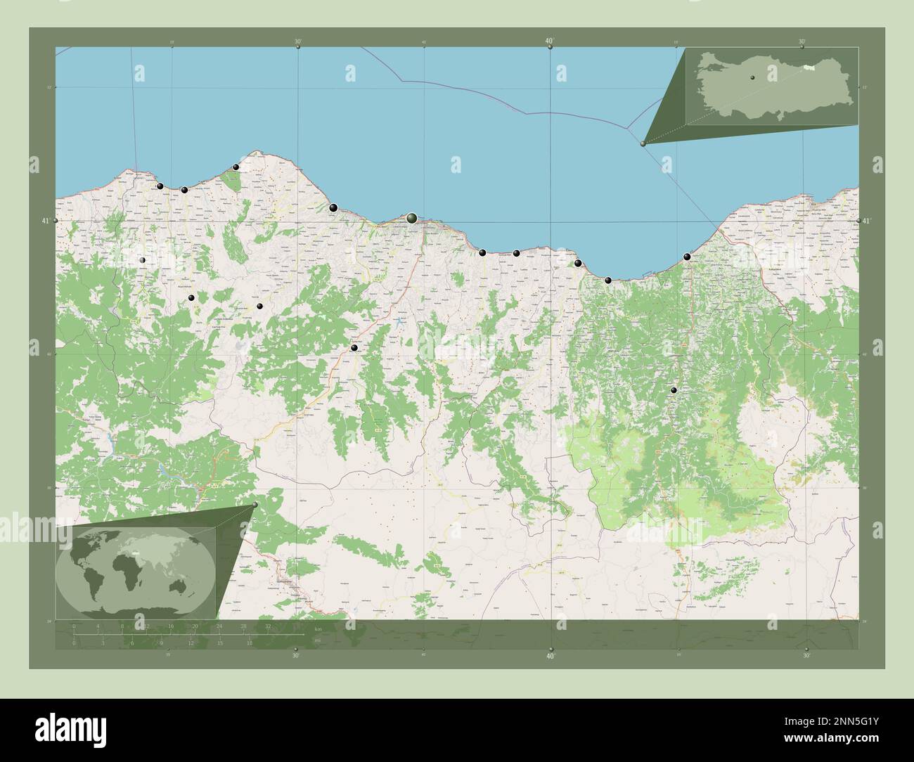 Trabzon, province of Turkiye. Open Street Map. Locations of major ...