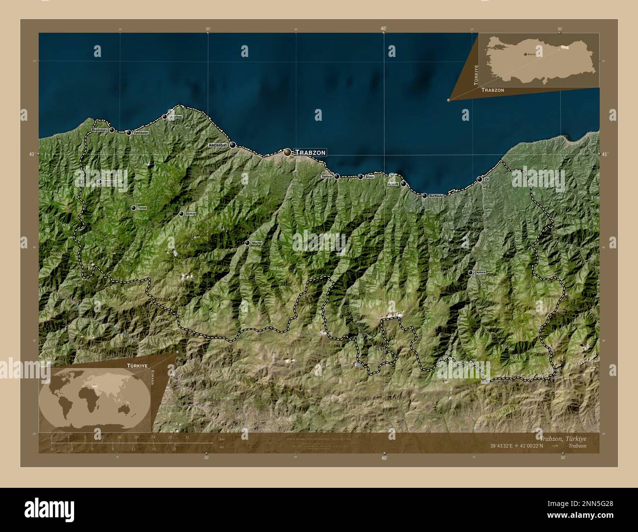 Trabzon, province of Turkiye. Low resolution satellite map. Locations ...