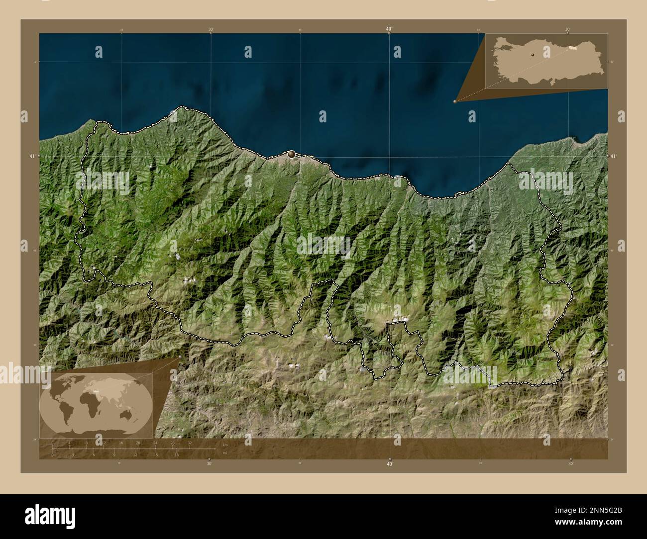 Trabzon, province of Turkiye. Low resolution satellite map. Corner ...
