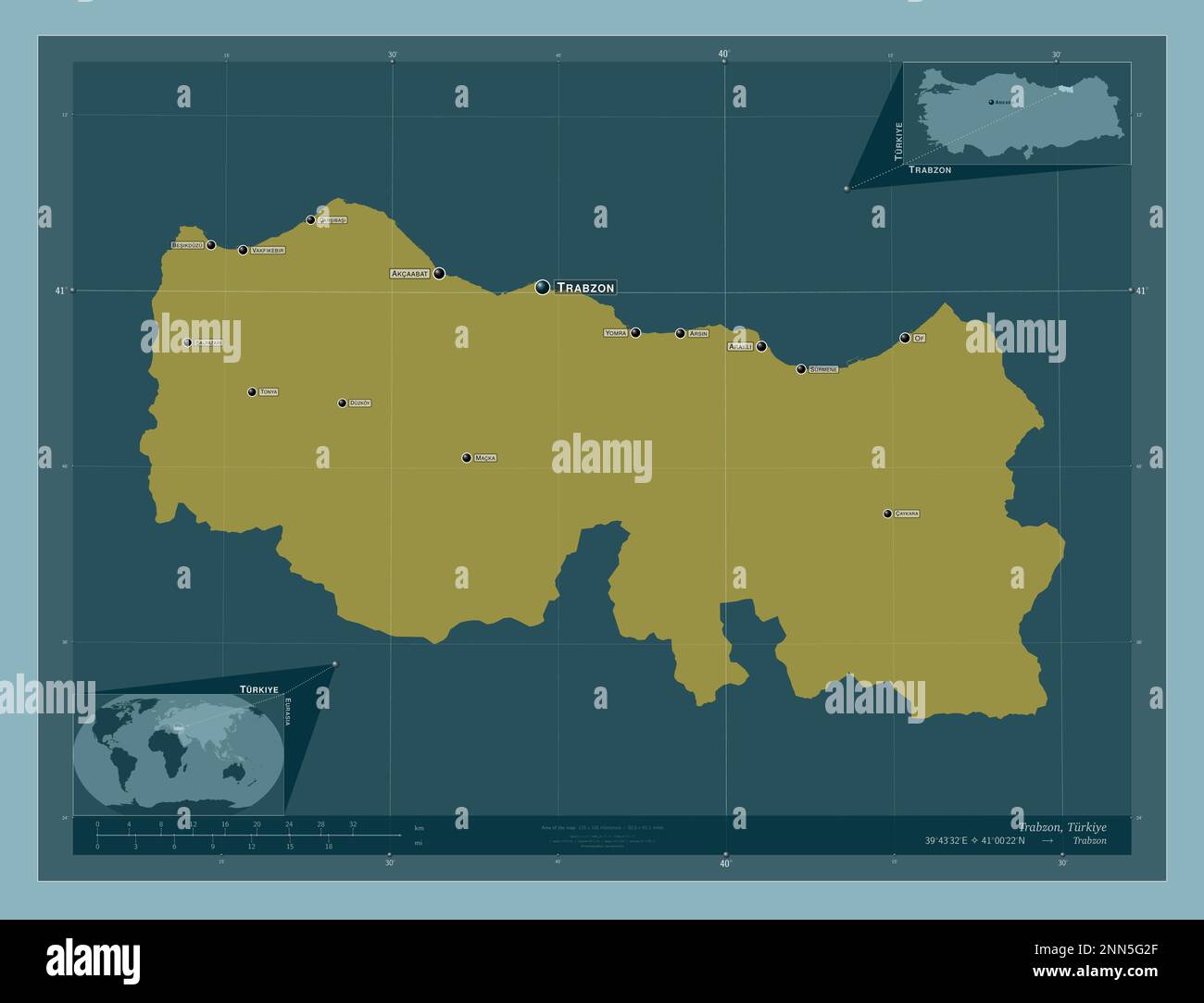 Trabzon, province of Turkiye. Solid color shape. Locations and names of ...