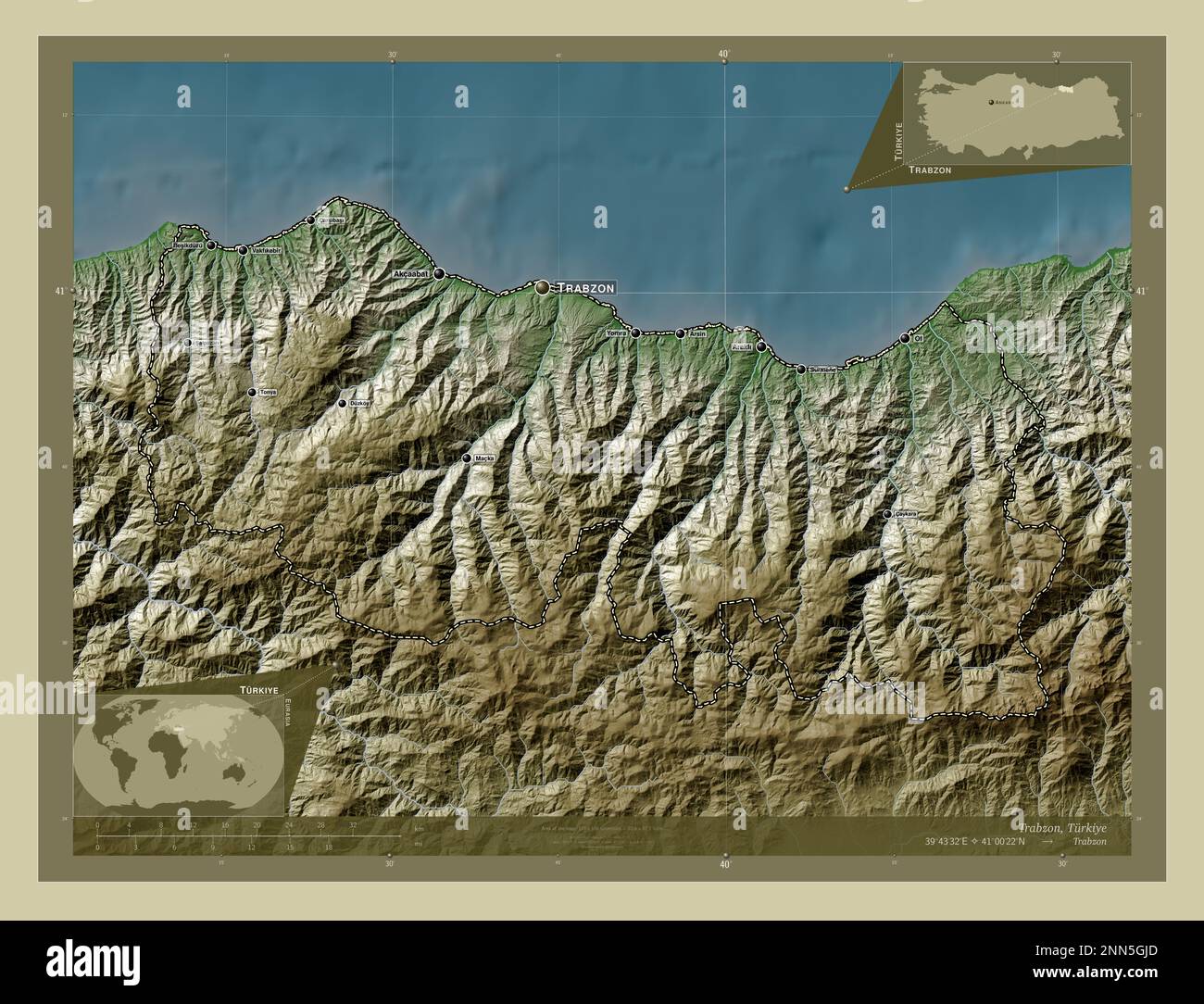 Trabzon, province of Turkiye. Elevation map colored in wiki style with ...
