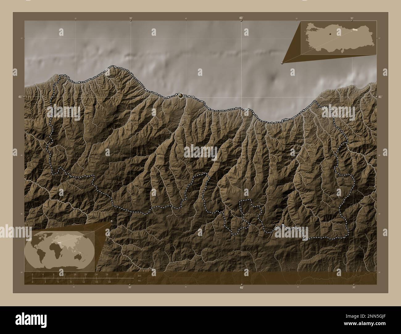 Trabzon, province of Turkiye. Elevation map colored in sepia tones with ...